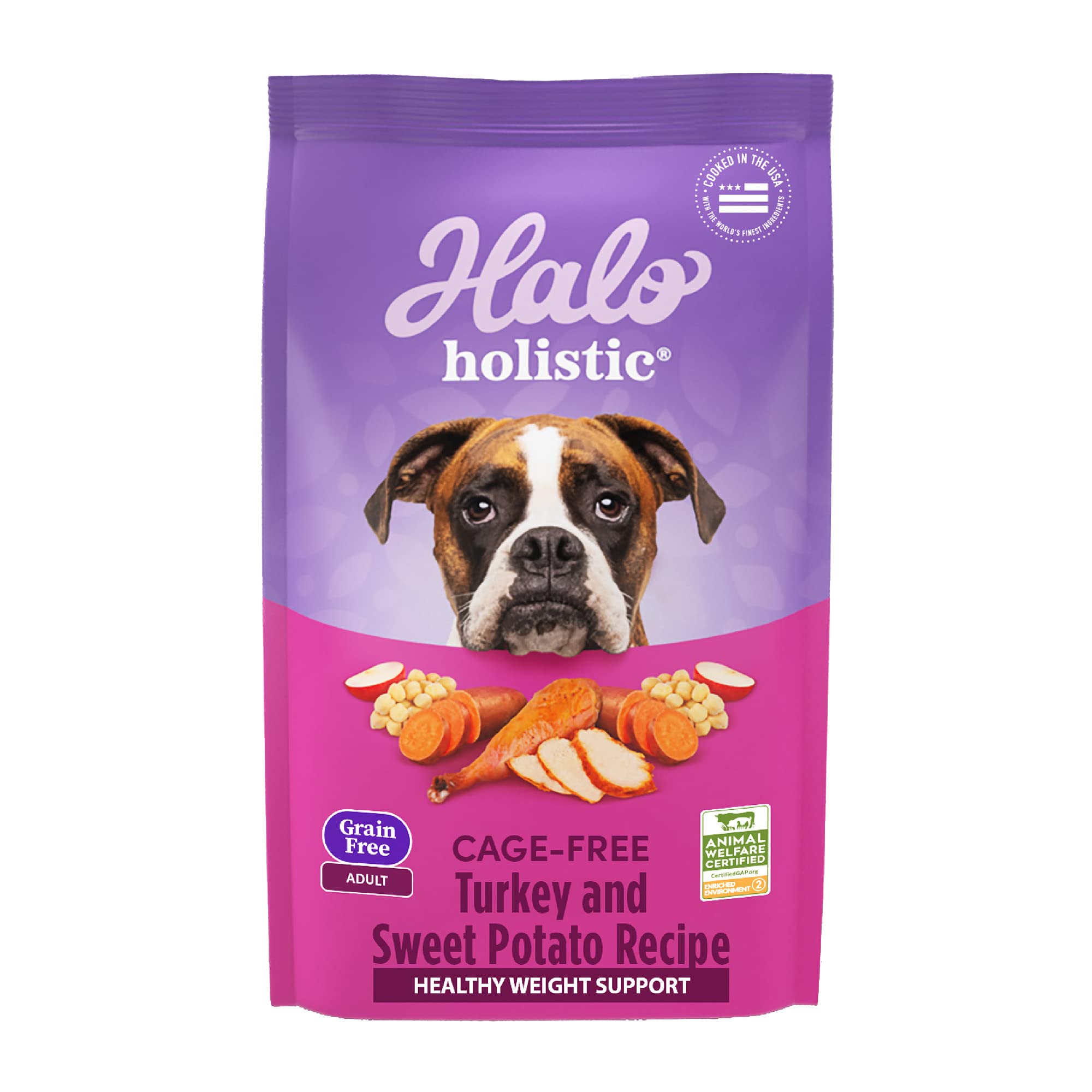 Halo Holistic Dog Food, Complete Digestive Health Grain Free Cage-Free Turkey and Sweet Potato Recipe, Healthy Weight Support, Dry Dog Food Bag, Adult Formula, 21-lb Bag