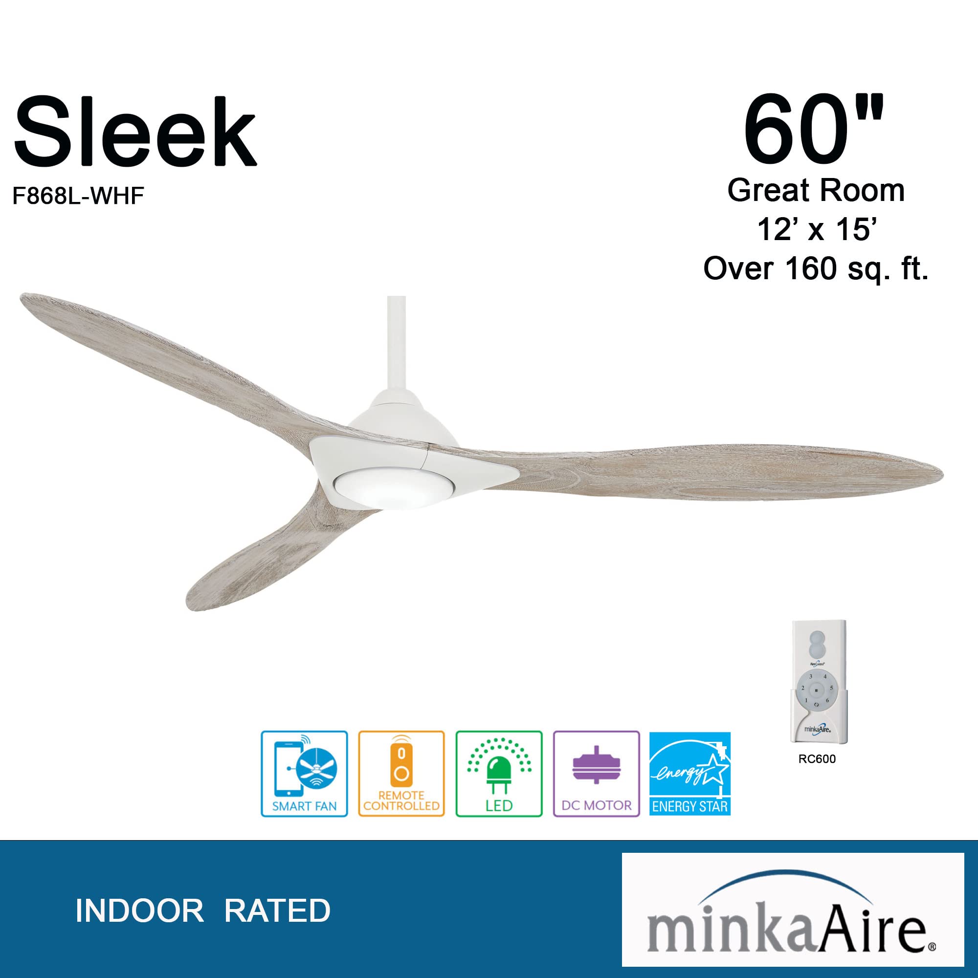 Minka Aire F868L-WHF Sleek 60" Ceiling Fan with LED Light and Remote Control, Flat White