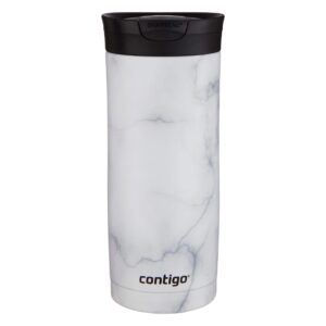 contigo huron 16oz vacuum-insulated stainless steel travel mug, leak-proof lid, keeps drinks hot or cold for hours, white marble finish, fits most cup holders & brewers