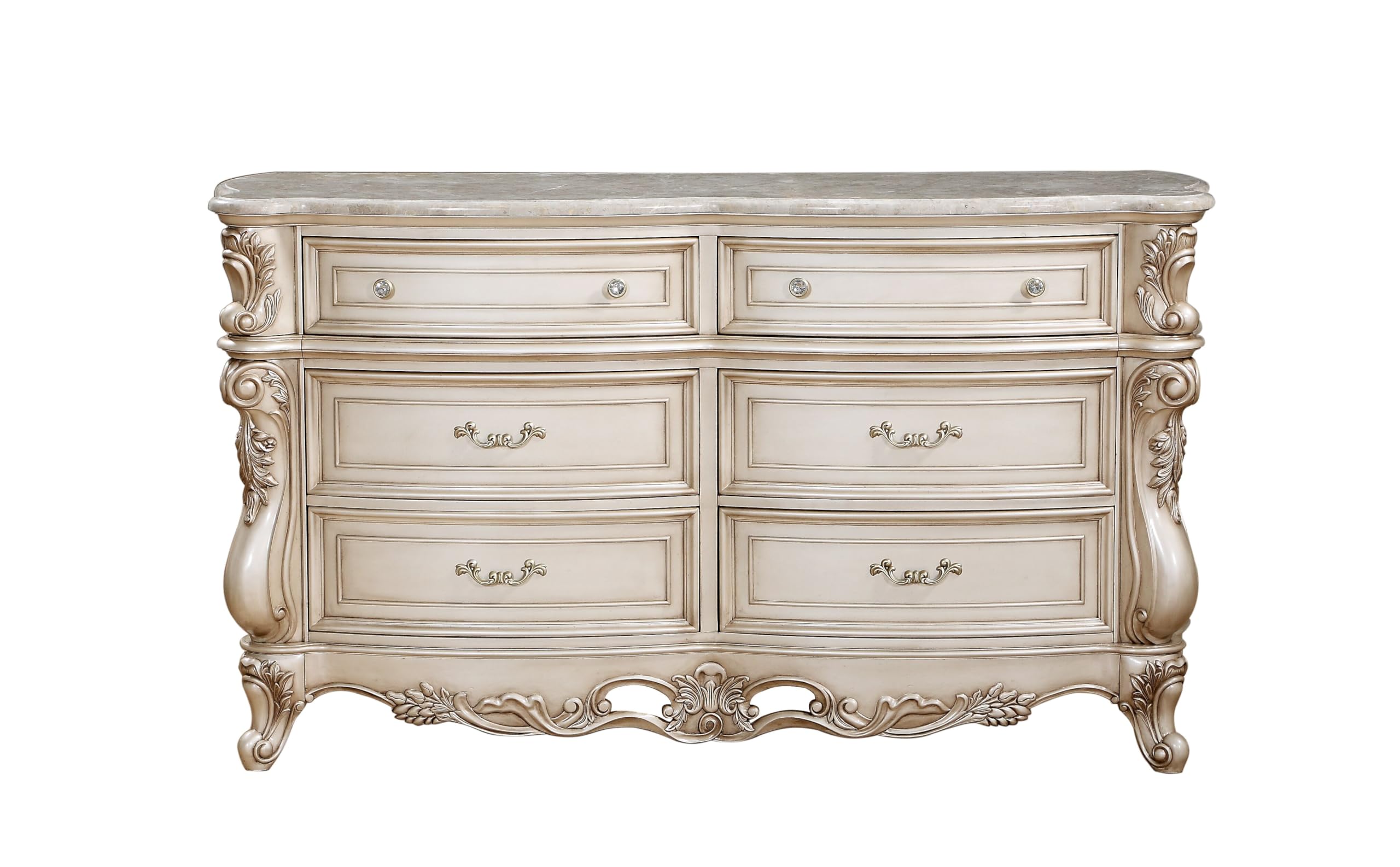 Acme Gorsedd 6-Drawer Wooden Dresser with Marble Top in Golden Ivory