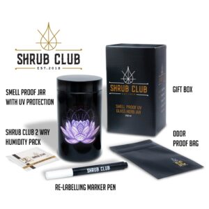 Shrub Club Smellproof Jar - Includes Airtight Black Glass Herb Storage Jar with Marker, Odor-Proof Bag & Humidity Pack (Lotus 250ml)