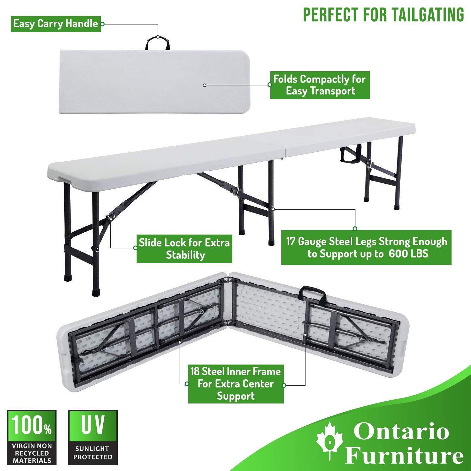 Ontario Furniture- White Plastic Folding Portable Bench for Indoor, Outdoor Picnic Bench, 6 (6 Feet (3 Legged))