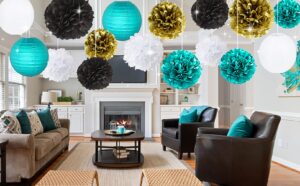 turquoise graduation party decorations 2024 white teal black gold party decorations paper lanterns for teal theme party wedding, teal black bridal shower decor teal baby shower teal wedding decoration