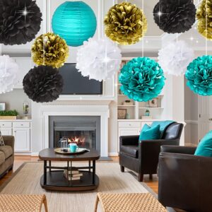 Turquoise Graduation Party Decorations 2024 White Teal Black Gold Party Decorations Paper Lanterns for Teal Theme Party Wedding, Teal Black Bridal Shower Decor Teal Baby Shower Teal Wedding Decoration