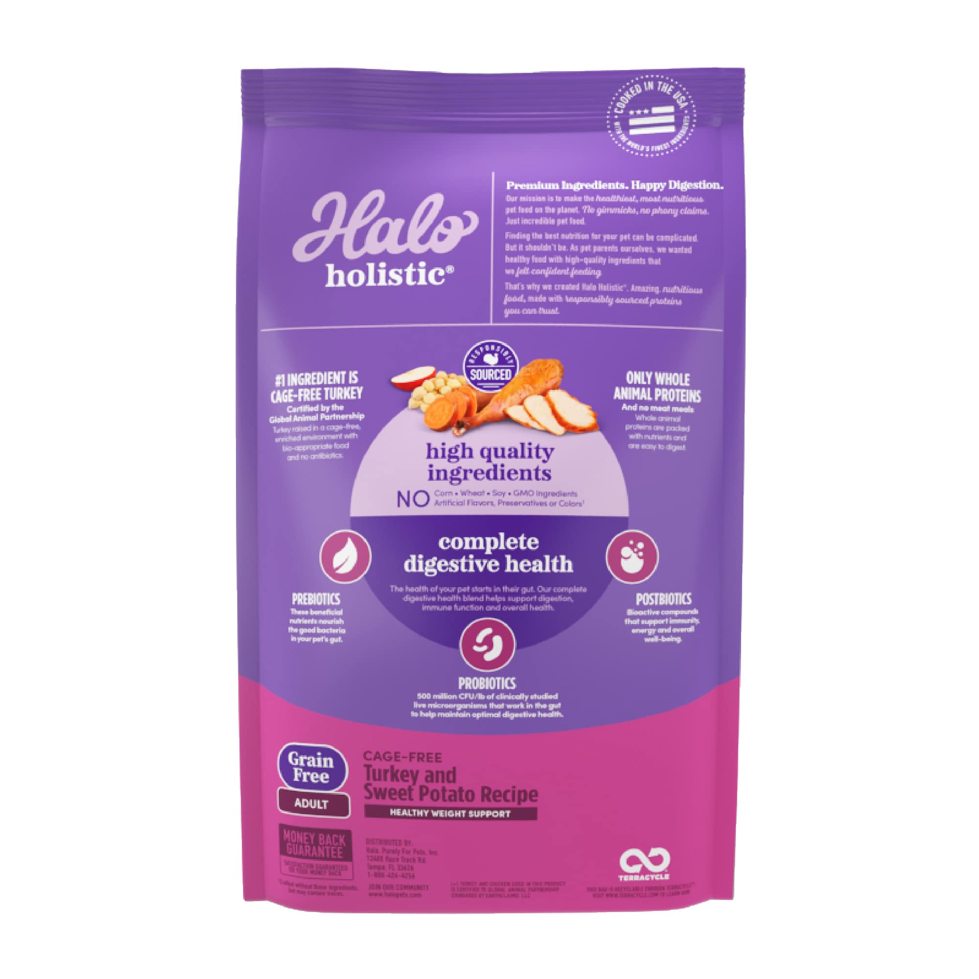 Halo Holistic Dog Food, Complete Digestive Health Grain Free Cage-Free Turkey and Sweet Potato Recipe, Healthy Weight Support, Dry Dog Food Bag, Adult Formula, 21-lb Bag