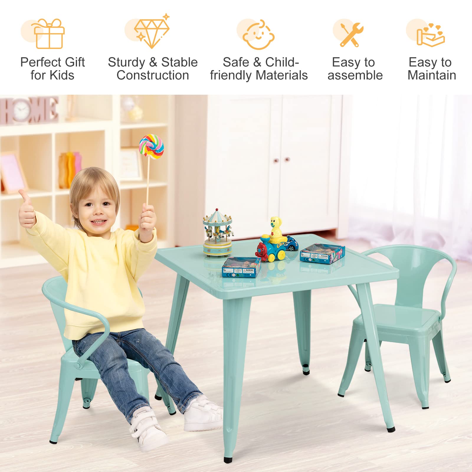 Costzon Kids Steel Table for Indoor/Outdoor Use, Preschool, Bedroom, Playroom, Activity Table for Toddlers Children Boys & Girls(Mint Green, Table)