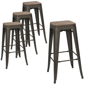 devoko metal bar stool 30'' indoor outdoor stackable barstools modern industrial square wood top bar stools set of 4 (30 inch, gun)