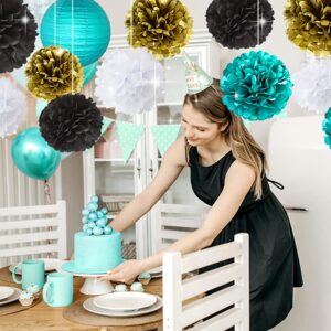 Turquoise Graduation Party Decorations 2024 White Teal Black Gold Party Decorations Paper Lanterns for Teal Theme Party Wedding, Teal Black Bridal Shower Decor Teal Baby Shower Teal Wedding Decoration