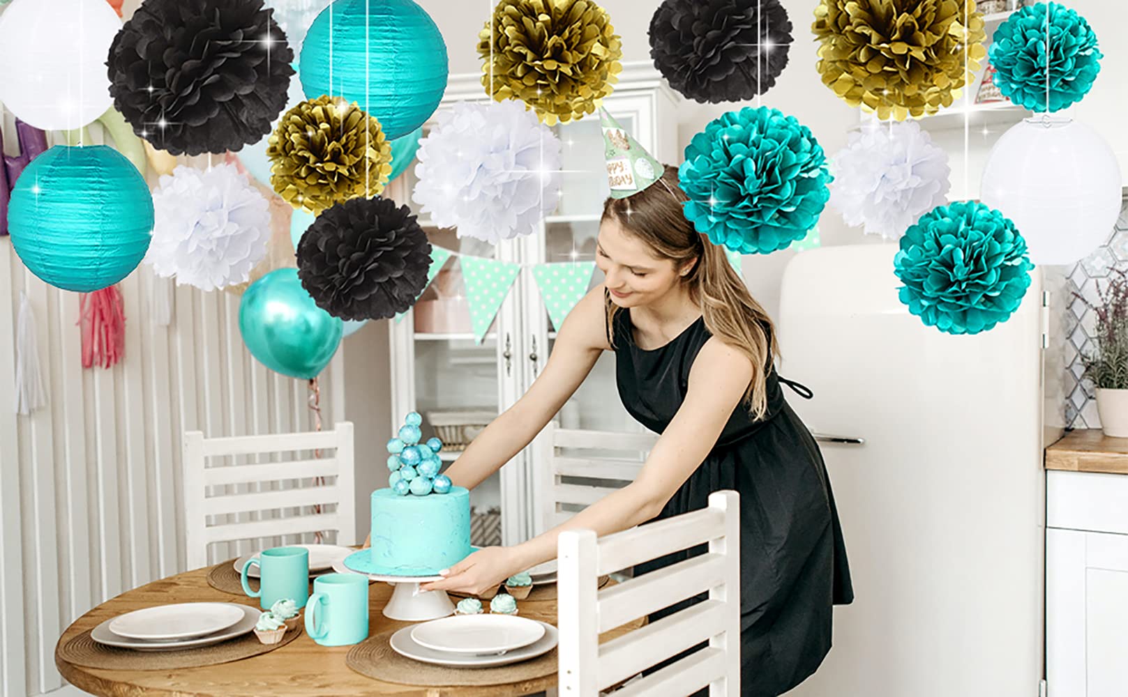 Turquoise Graduation Party Decorations 2024 White Teal Black Gold Party Decorations Paper Lanterns for Teal Theme Party Wedding, Teal Black Bridal Shower Decor Teal Baby Shower Teal Wedding Decoration