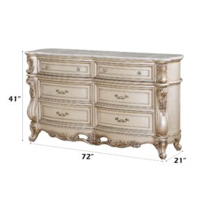 Acme Gorsedd 6-Drawer Wooden Dresser with Marble Top in Golden Ivory