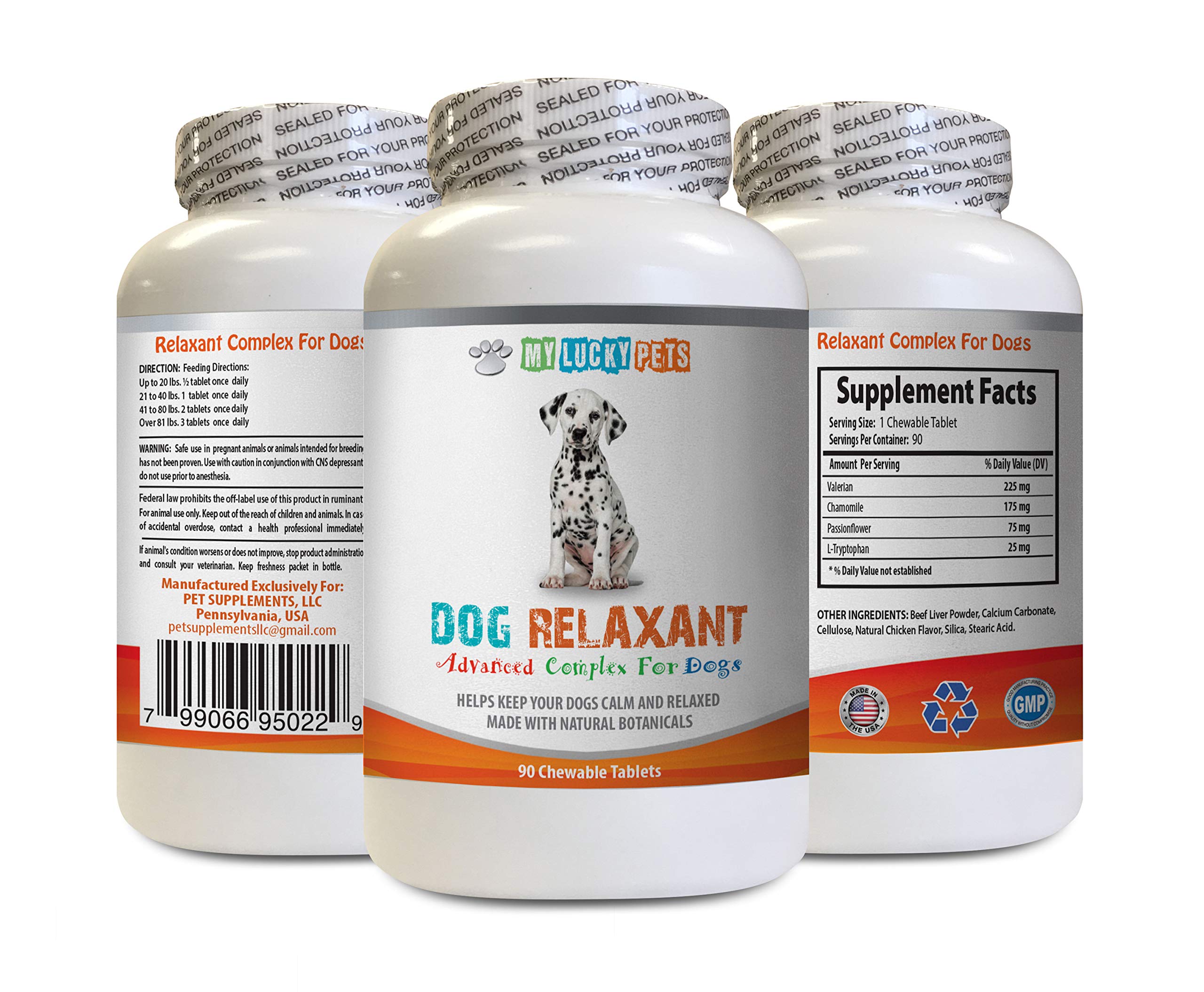 MY LUCKY PETS LLC Dog Anxiety Bites - Dog Relaxant - STESS and Anxiety Relief Calmer - Advanced Platinum Formula - tryptophan Dog Supplement - 1 Bottle (90 Chewable Tablets)