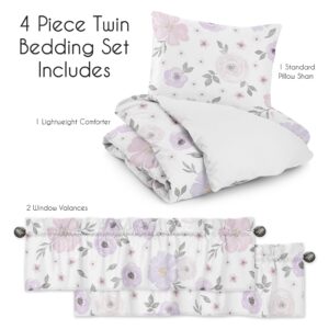 Sweet Jojo Designs Lavender Purple, Pink, Grey and White Shabby Chic Watercolor Floral Girl Twin Kid Childrens Bedding Comforter Set - 4 Pieces - Rose Flower