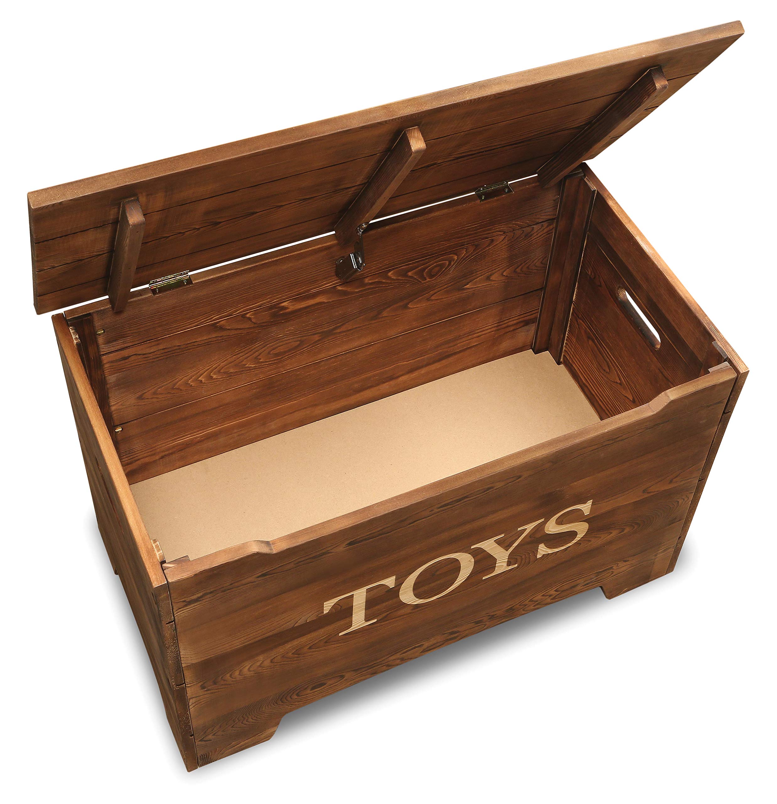 Badger Basket Farmhouse Solid Wood Rustic Toy Box with Reversible "Toys" Panel - Caramel Brown