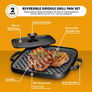 Bruntmor 2-in-1 Pre-Seasoned Cast Iron Reversible Griddle Grill Pan with Heavy Grill Press - 10 x 10 Inches Square Pan for Stove Top and Oven Cooking - Durable Grip Handle for Easy Use - Black