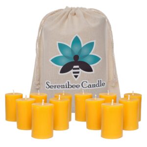 serenibee candle 100% pure beeswax votive candles - set of 12 hand-poured eco friendly gift set - long burning