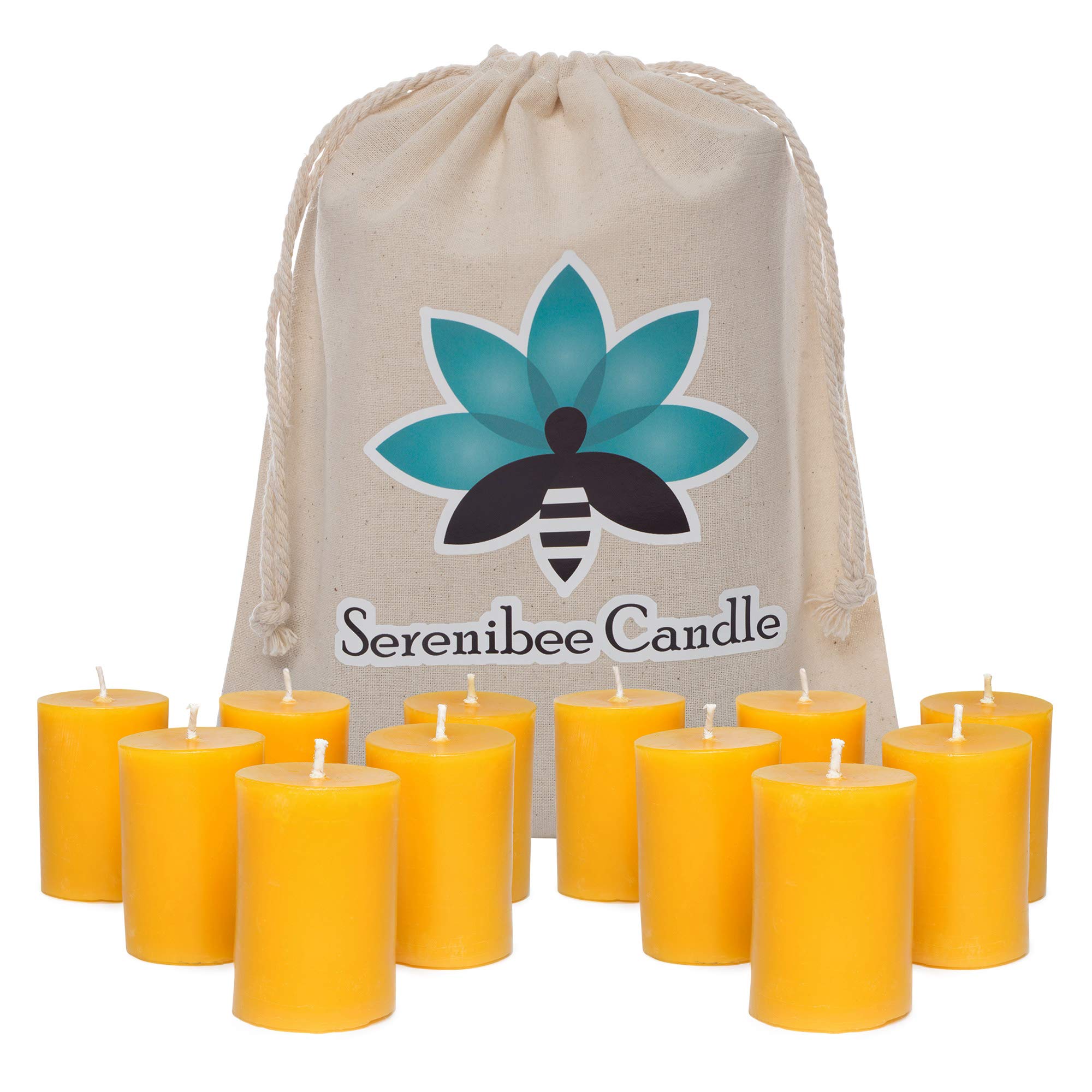 Serenibee Candle 100% Pure Beeswax Votive Candles - Set of 12 Hand-Poured Eco Friendly Gift Set - Long Burning