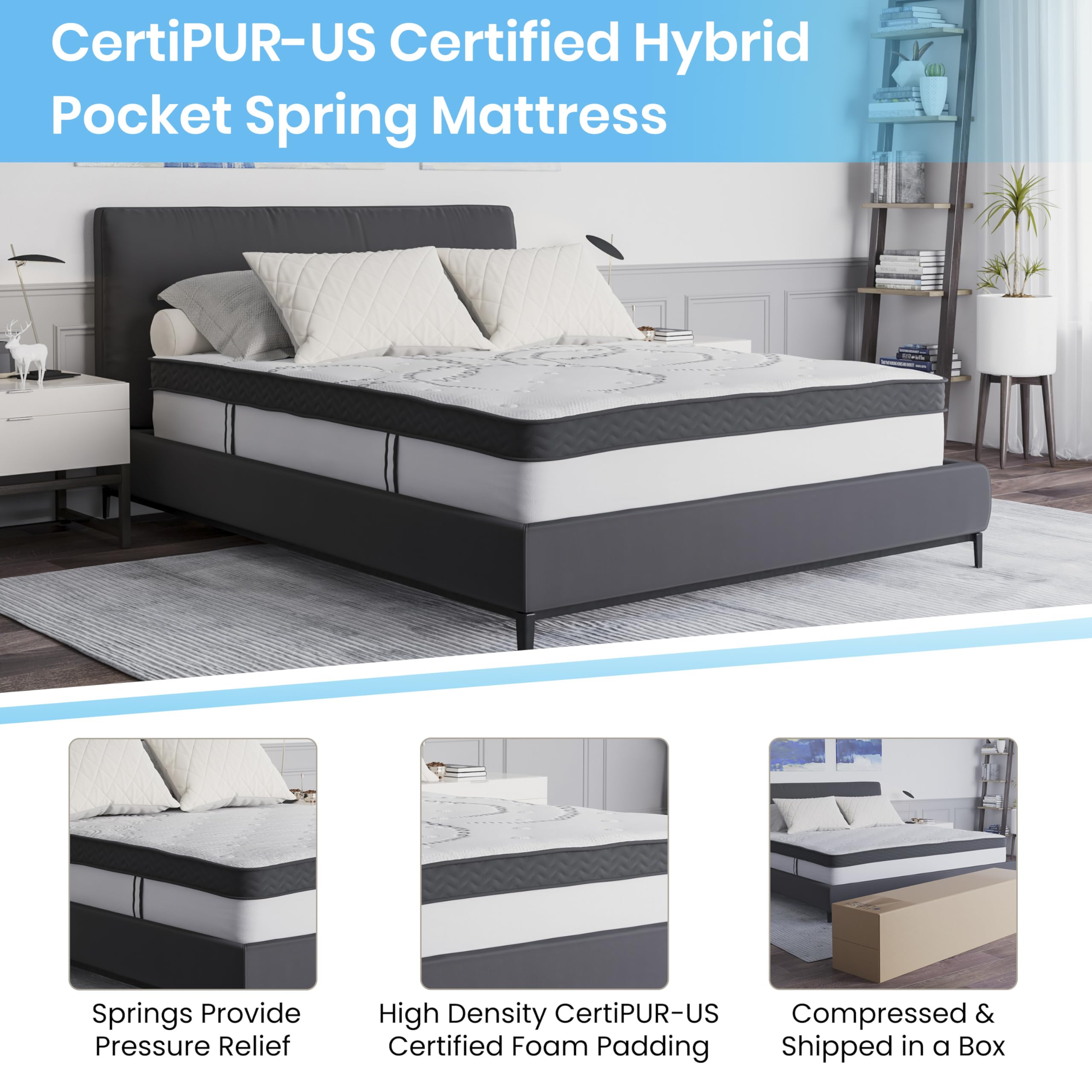 EMMA + OLIVER Astor 12 Inch CertiPUR-US Certified Hybrid Pocket Spring Mattress, Queen Mattress in a Box