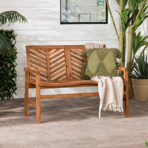 Walker Edison Outdoor Patio Wood Chevron Loveseat Chair All Weather Backyard Conversation Garden Poolside Balcony Couch, 48 Inch, Brown