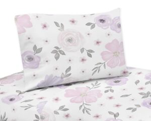 sweet jojo designs lavender purple, pink, grey and white twin sheet set for watercolor floral collection - 3 piece set - rose flower