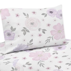 Sweet JoJo Designs Lavender Purple, Pink, Grey and White Twin Sheet Set for Watercolor Floral Collection - 3 Piece Set - Rose Flower