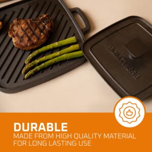 Bruntmor 2-in-1 Pre-Seasoned Cast Iron Reversible Griddle Grill Pan with Heavy Grill Press - 10 x 10 Inches Square Pan for Stove Top and Oven Cooking - Durable Grip Handle for Easy Use - Black