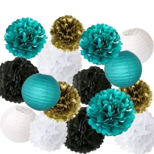 turquoise graduation party decorations 2024 white teal black gold party decorations paper lanterns for teal theme party wedding, teal black bridal shower decor teal baby shower teal wedding decoration