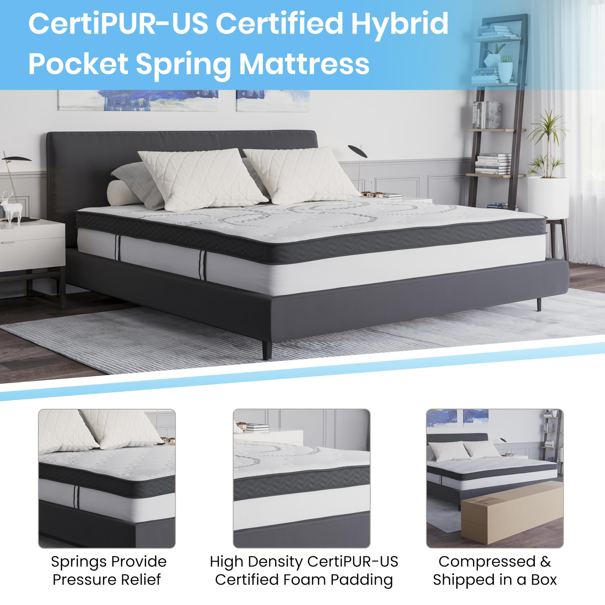 EMMA + OLIVER Astor 12 Inch CertiPUR-US Certified Hybrid Pocket Spring Mattress, King Mattress in a Box