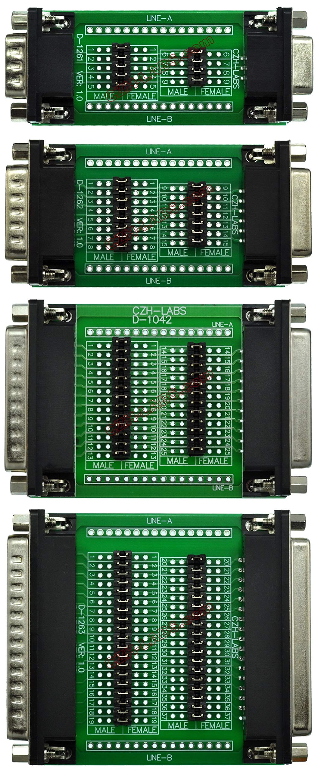 CZH-Labs Combo Package D'sub DB9 DB15 DB25 DB37 Diagnostic Test Breakout Boards.