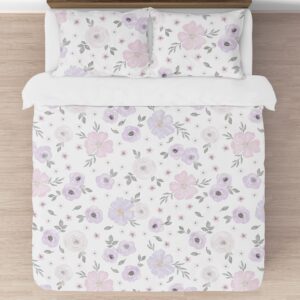 Sweet Jojo Designs Lavender Purple, Pink, Grey and White Shabby Chic Watercolor Floral Girl Full/Queen Teen Childrens Bedding Comforter Set - 3 Pieces - Rose Flower