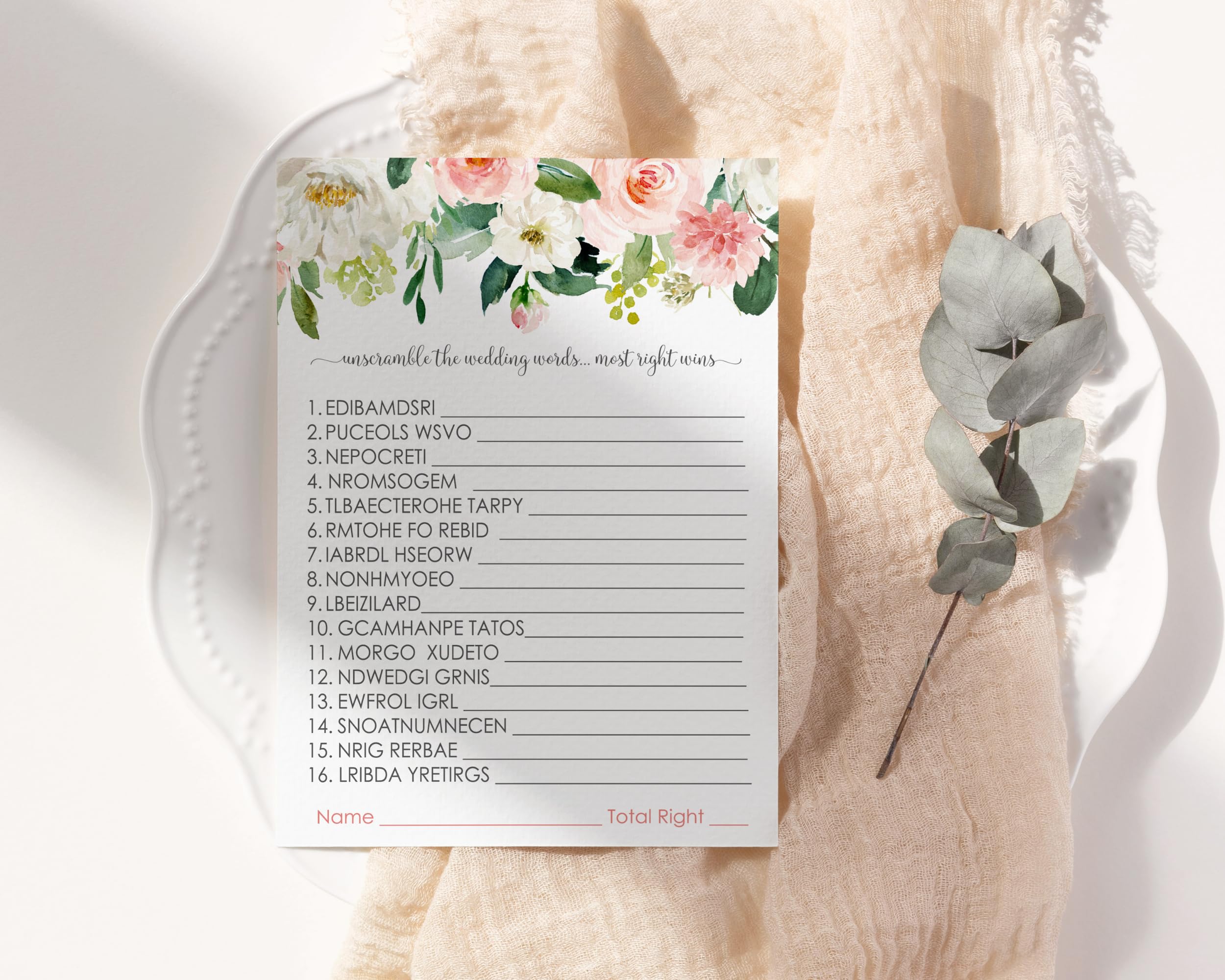 Graceful Floral Bridal Shower Word Scramble Game – 25 Pack, Couples Wedding Engagement Party Games, Rustic Reception Decor and Pink Ideas, Fun Rehearsal Unscramble Guest Activities