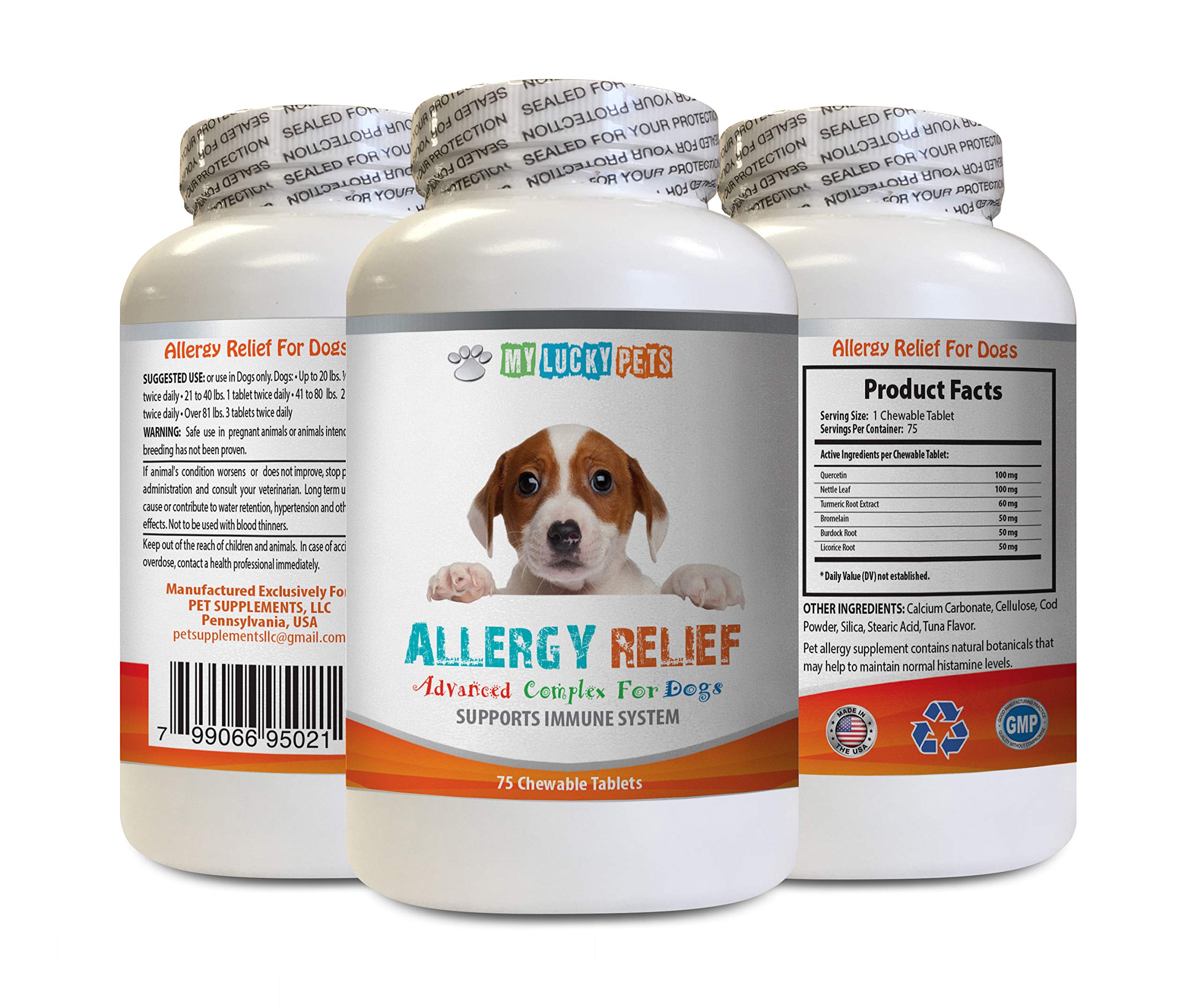 MY LUCKY PETS LLC Dog Allergy chewables - Allergy Relief for Dogs Itch Relief Support - Key Ingredients - Dog Treats with quercetin - 1 Bottle (75 Chewable Tablets)