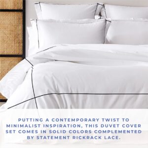 Kotton Culture 3 Piece Luxe Geo Geometric Duvet Cover Set with Zipper Closure & Corner Ties 100% Egyptian Cotton Plush Modern 600 Thread Count (White, Queen)