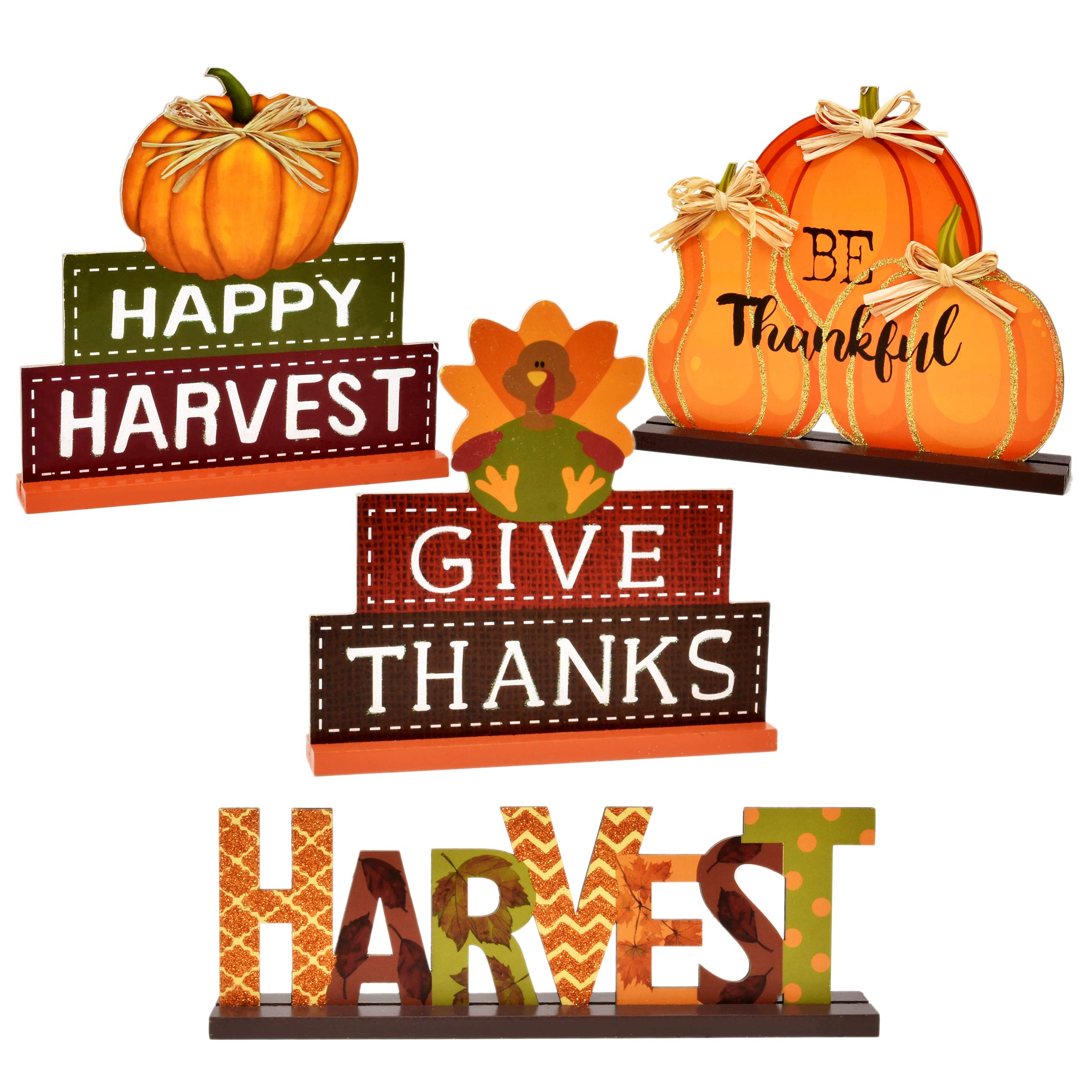 Gift Boutique Thanksgiving Centerpiece Fall Decorations Set of 4 Autumn Pumpkin Centerpiece Happy Harvest Give Thanks Be Thankful for Home Kitchen Desk Shelf Fireplace Mantel Table Decoration