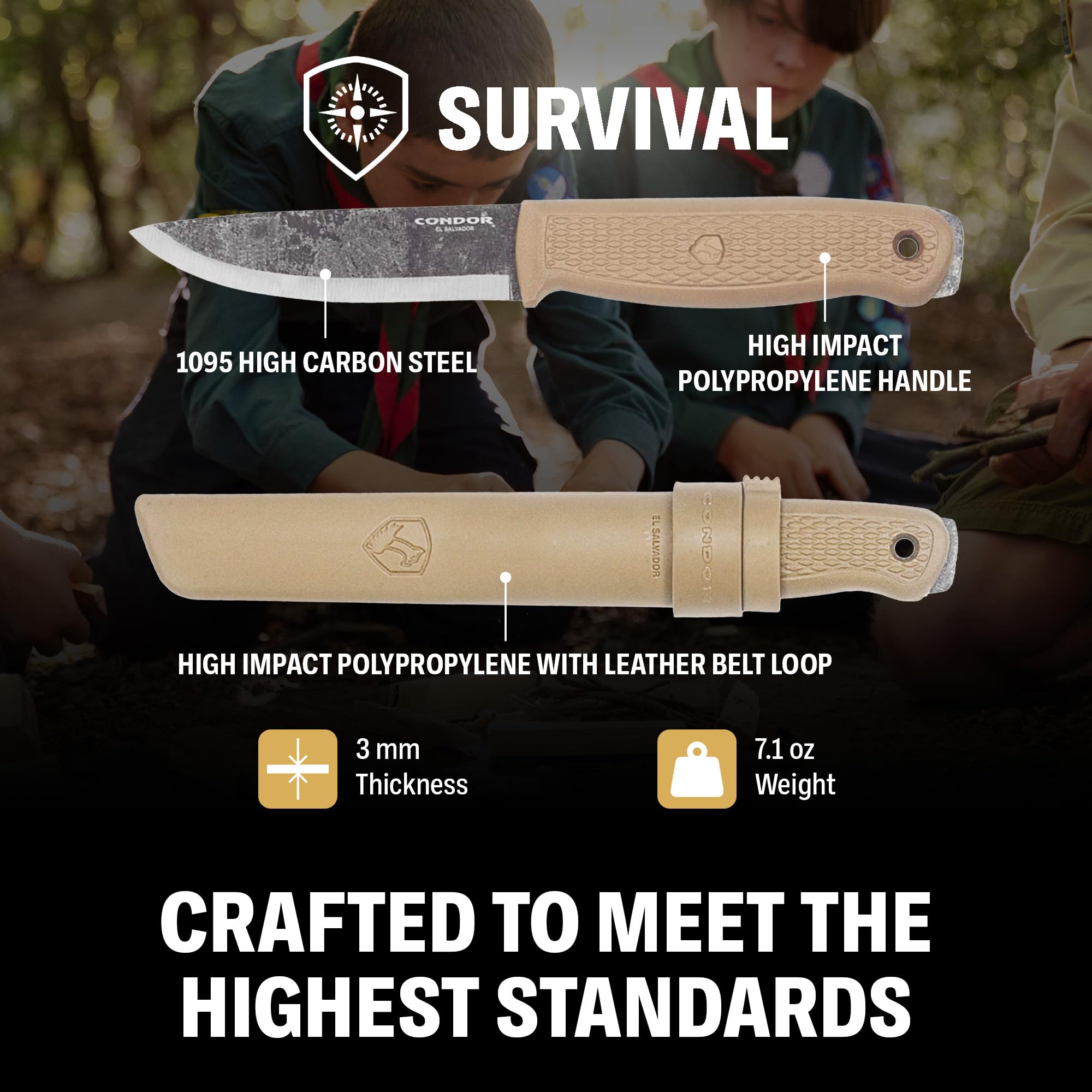 Condor Tool & Knife Terrasaur Knife Desert - 1095 High Carbon Steel - Bushcraft Knife with Scandi Edge - Fixed Blade Knife with High Impact Polypropylene Sheath - 3mmThick - 4.2in Blade - 7.1oz