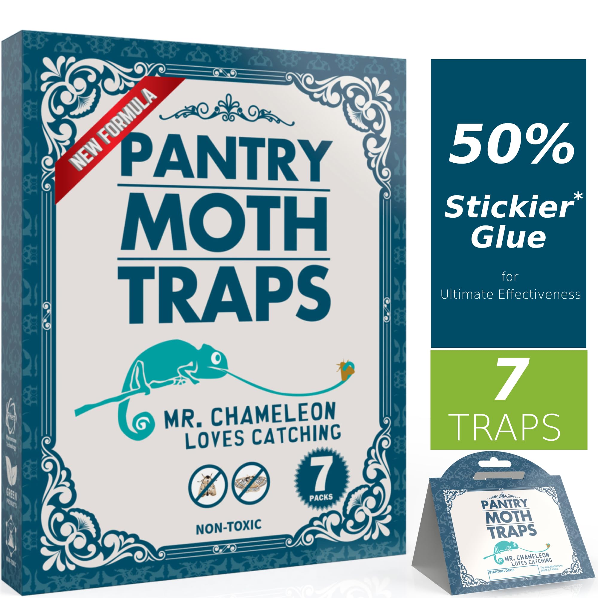 Mr.Chameleon Pantry Moth Trap 50% Stickier Glue for Ultimate Effectiveness | 7 Pack Moth Traps | Non-Toxic Pantry Moth Traps with Pheromones Prime in Your Kitchen | Odor-Free & Natural