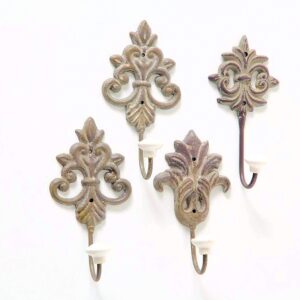 chateaux fleur de lis wall hooks, set of 4, shabby distressed finish, french country style, rustic bronze, rubbed white patina, cast iron, vintage inspired, porcelain caps, each 6 inches tall