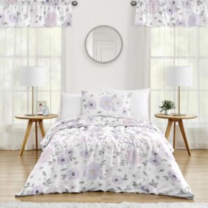 sweet jojo designs lavender purple, pink, grey and white shabby chic watercolor floral girl twin kid childrens bedding comforter set - 4 pieces - rose flower