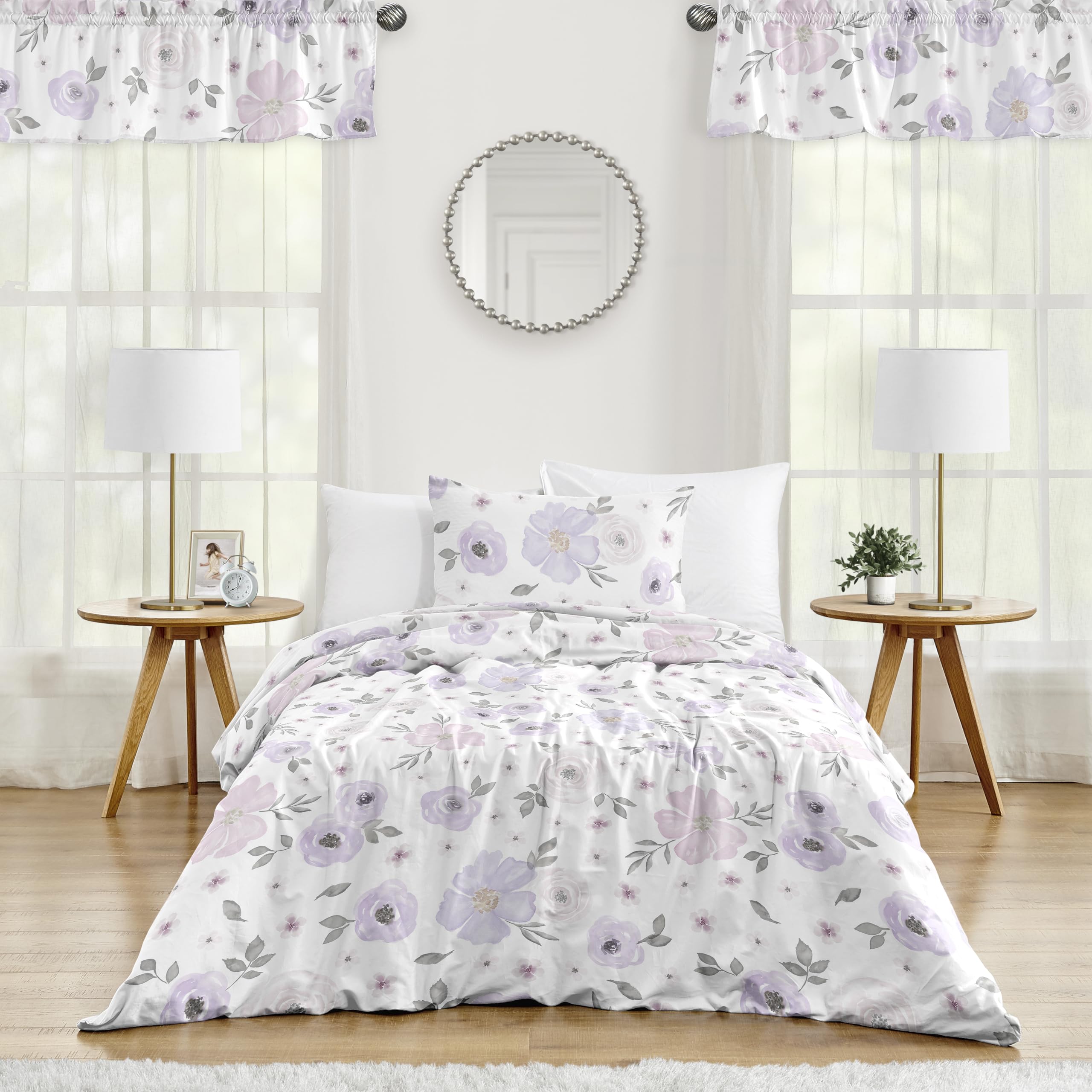 Sweet Jojo Designs Lavender Purple, Pink, Grey and White Shabby Chic Watercolor Floral Girl Twin Kid Childrens Bedding Comforter Set - 4 Pieces - Rose Flower