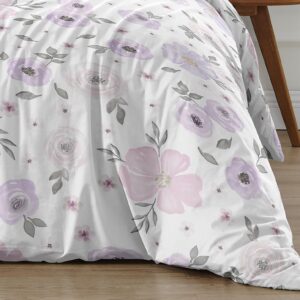 Sweet Jojo Designs Lavender Purple, Pink, Grey and White Shabby Chic Watercolor Floral Girl Twin Kid Childrens Bedding Comforter Set - 4 Pieces - Rose Flower