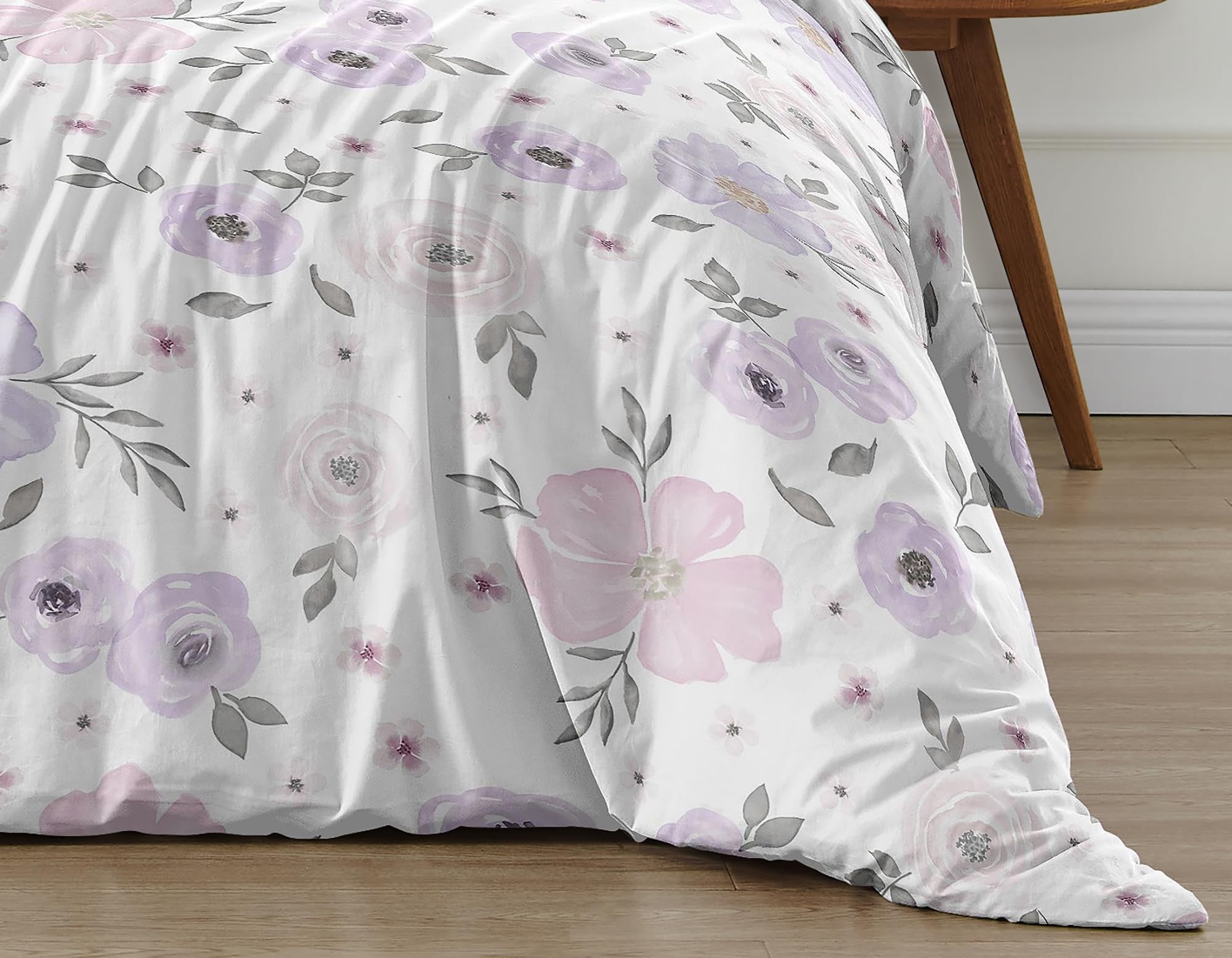 Sweet Jojo Designs Lavender Purple, Pink, Grey and White Shabby Chic Watercolor Floral Girl Twin Kid Childrens Bedding Comforter Set - 4 Pieces - Rose Flower