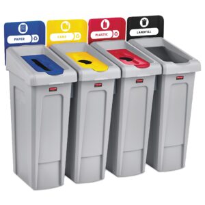 rubbermaid 2007919 slim jim recycling station kit, 92 gal, 4-stream landfill/paper/plastic/cans