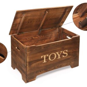 Badger Basket Farmhouse Solid Wood Rustic Toy Box with Reversible "Toys" Panel - Caramel Brown