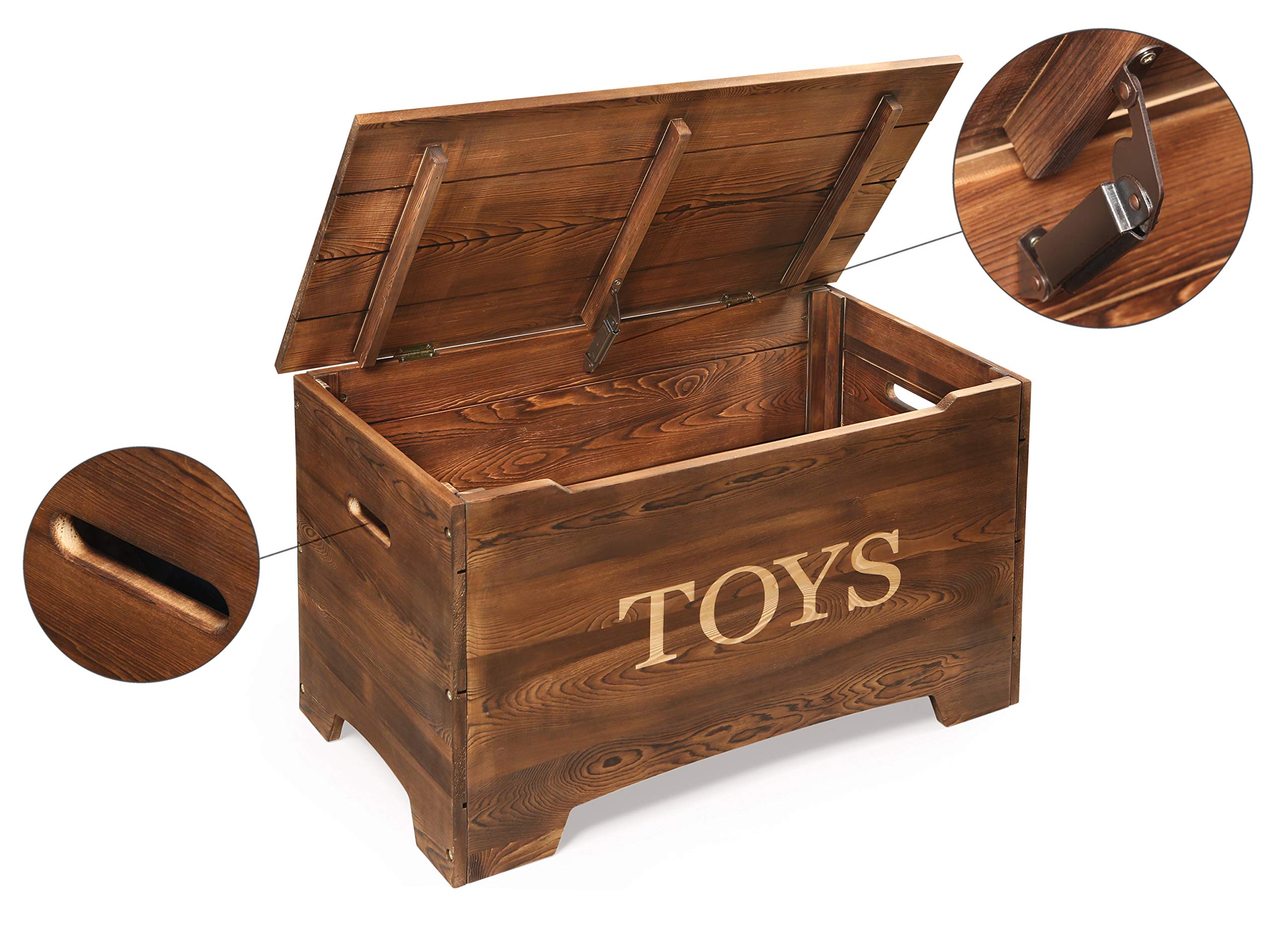 Badger Basket Farmhouse Solid Wood Rustic Toy Box with Reversible "Toys" Panel - Caramel Brown