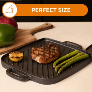 Bruntmor 2-in-1 Pre-Seasoned Cast Iron Reversible Griddle Grill Pan with Heavy Grill Press - 10 x 10 Inches Square Pan for Stove Top and Oven Cooking - Durable Grip Handle for Easy Use - Black