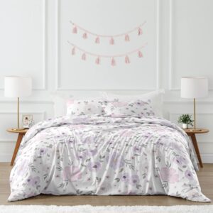 sweet jojo designs lavender purple, pink, grey and white shabby chic watercolor floral girl full/queen teen childrens bedding comforter set - 3 pieces - rose flower