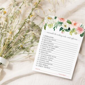 Graceful Floral Bridal Shower Word Scramble Game – 25 Pack, Couples Wedding Engagement Party Games, Rustic Reception Decor and Pink Ideas, Fun Rehearsal Unscramble Guest Activities