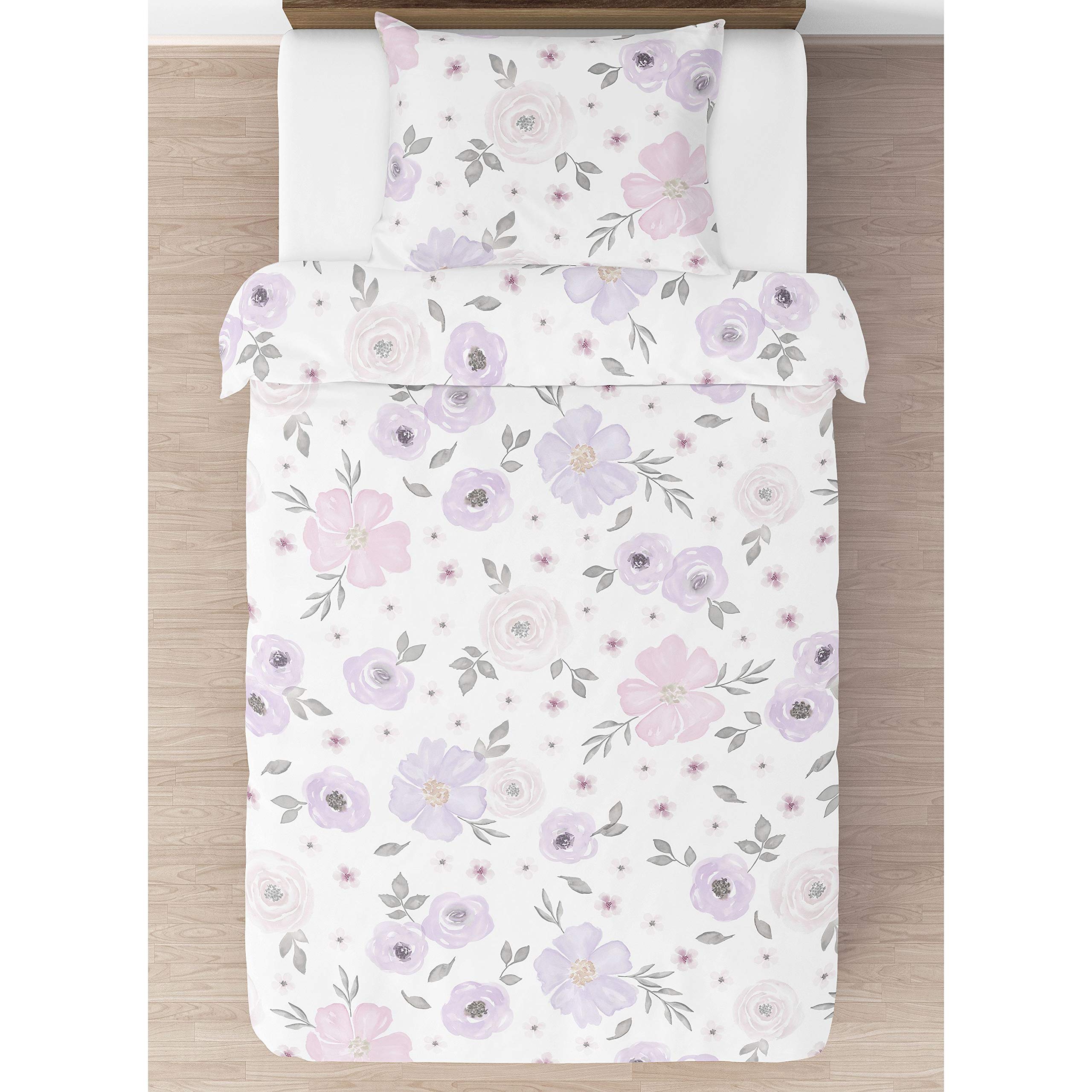 Sweet Jojo Designs Lavender Purple, Pink, Grey and White Shabby Chic Watercolor Floral Girl Twin Kid Childrens Bedding Comforter Set - 4 Pieces - Rose Flower