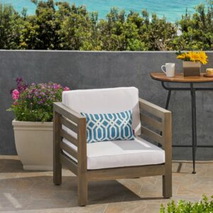 GDFStudio Outdoor Acacia Wood Club Chair with Cushion, Gray Finish and White