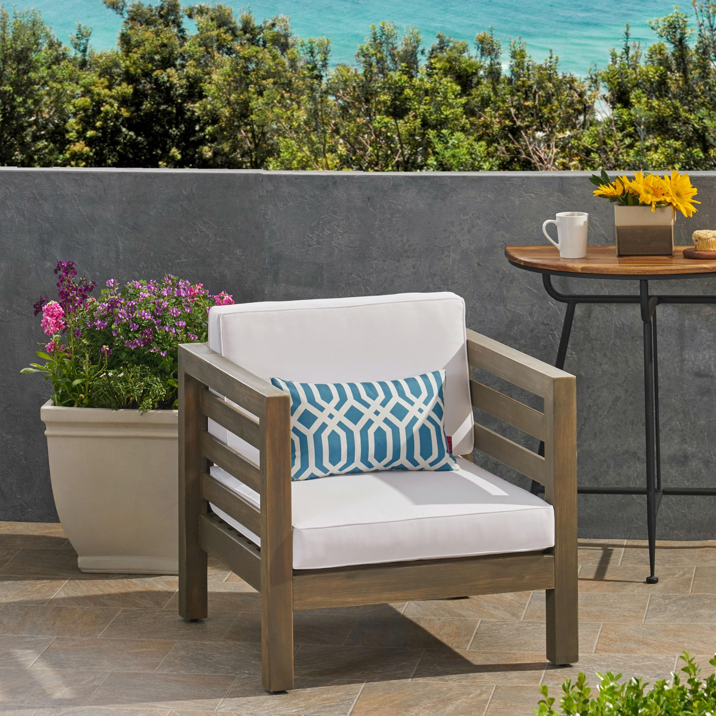 GDFStudio Outdoor Acacia Wood Club Chair with Cushion, Gray Finish and White