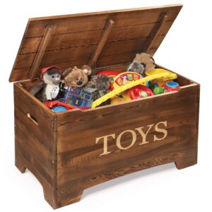 Badger Basket Farmhouse Solid Wood Rustic Toy Box with Reversible "Toys" Panel - Caramel Brown